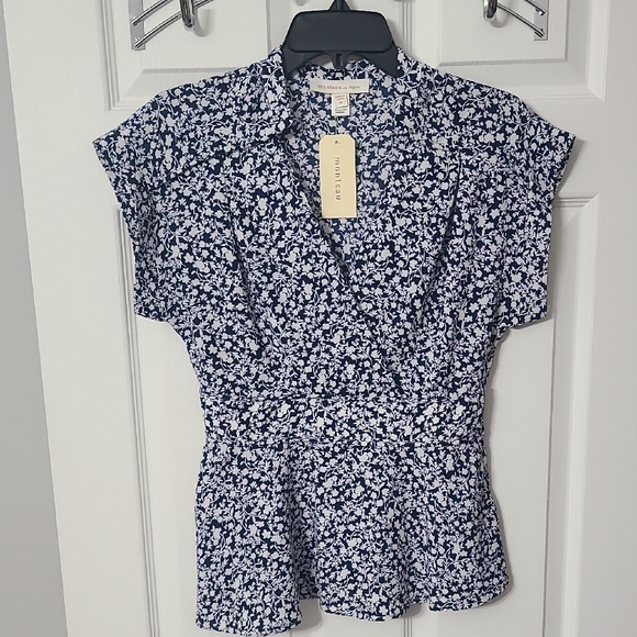 Monteau | Tops | Monteau Blue And White Wrap Blouse With Cap Sleeves ...